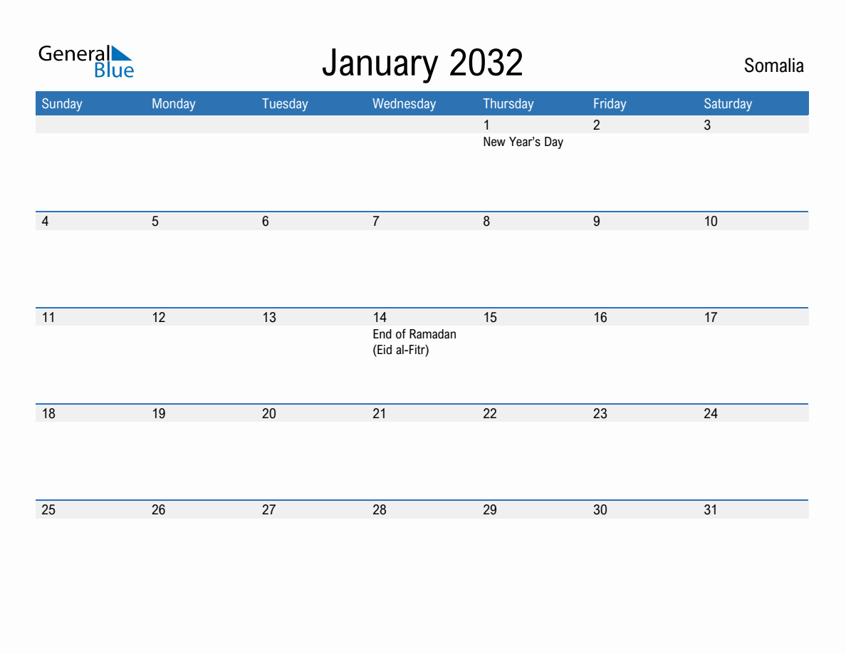 January 2032 Monthly Calendars with Somalia Holidays
