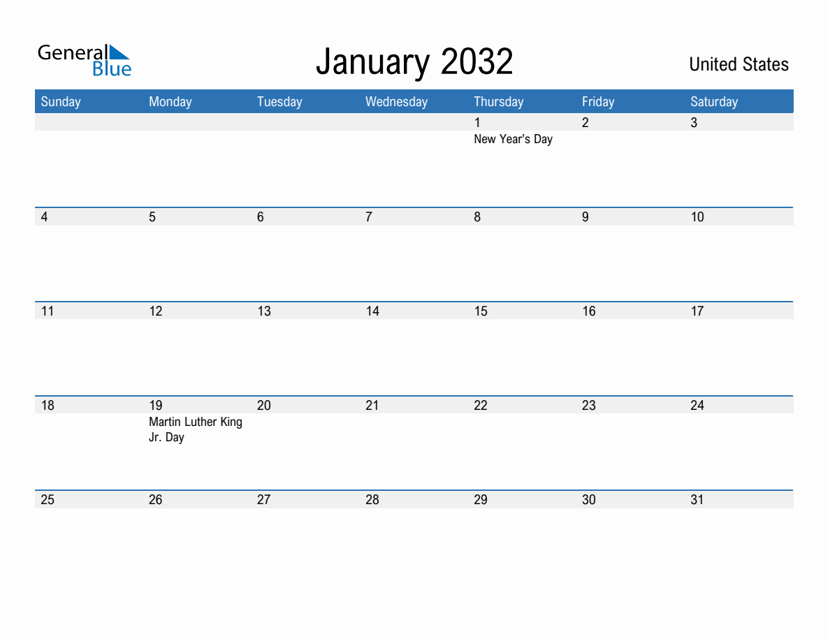 January 2032 Monthly Calendars with United States Holidays