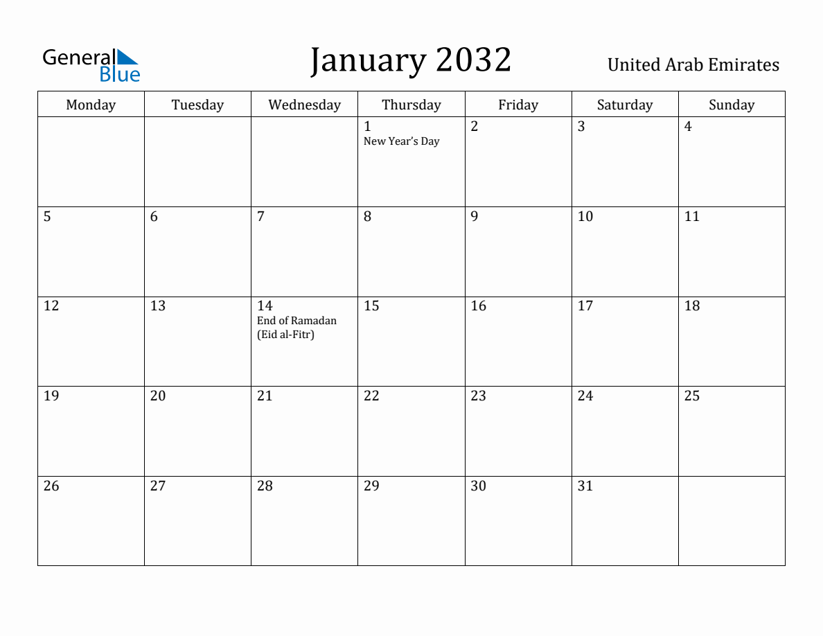 January 2032 - United Arab Emirates Monthly Calendar with Holidays