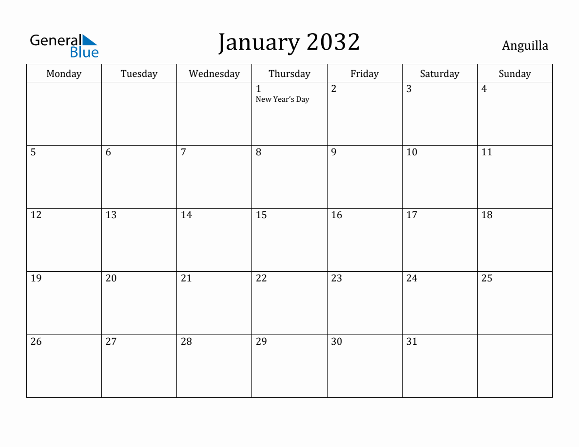January 2032 - Anguilla Monthly Calendar with Holidays
