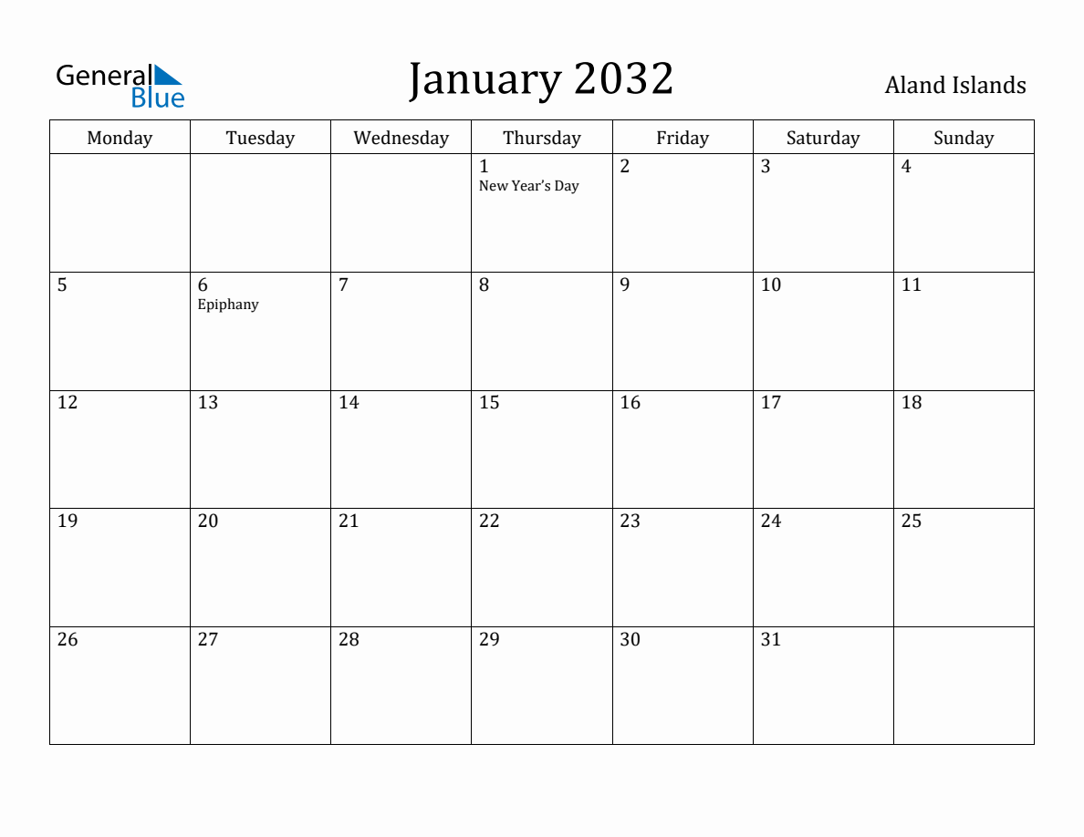 January 2032 - Aland Islands Monthly Calendar with Holidays
