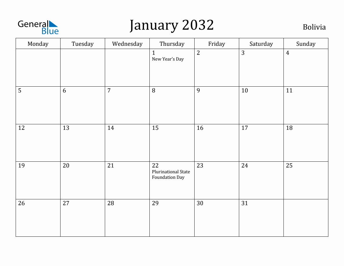January 2032 - Bolivia Monthly Calendar with Holidays