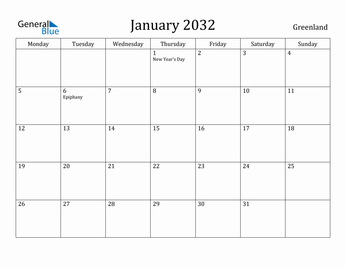 January 2032 - Greenland Monthly Calendar with Holidays
