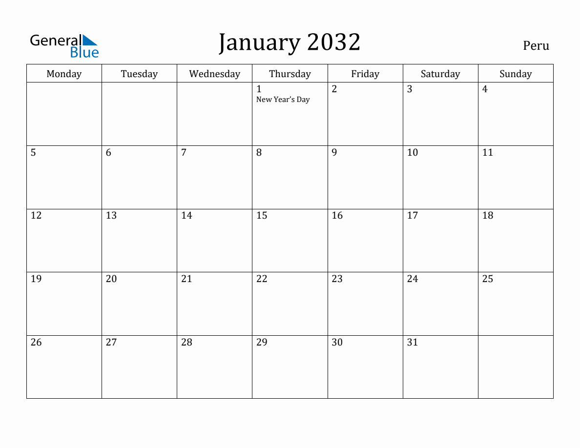 January 2032 - Peru Monthly Calendar with Holidays