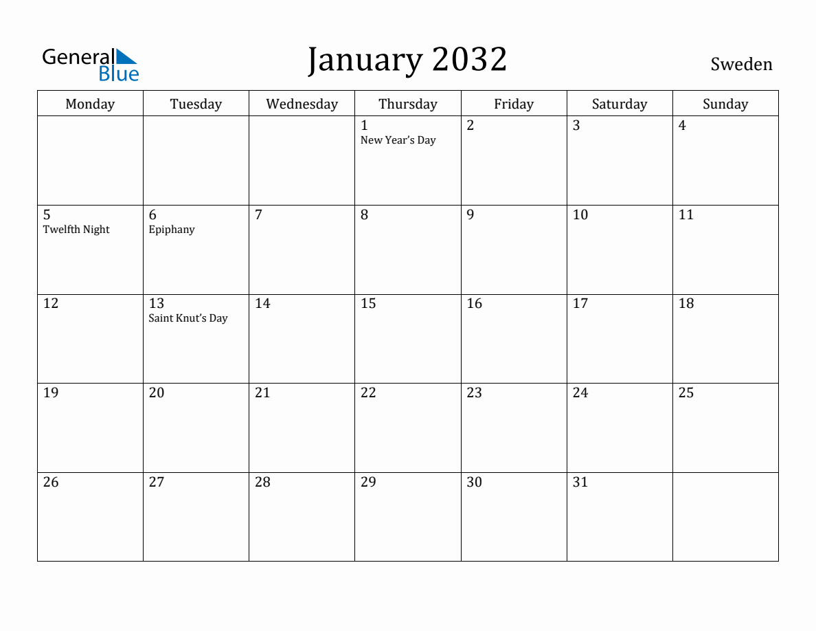 January 2032 - Sweden Monthly Calendar with Holidays