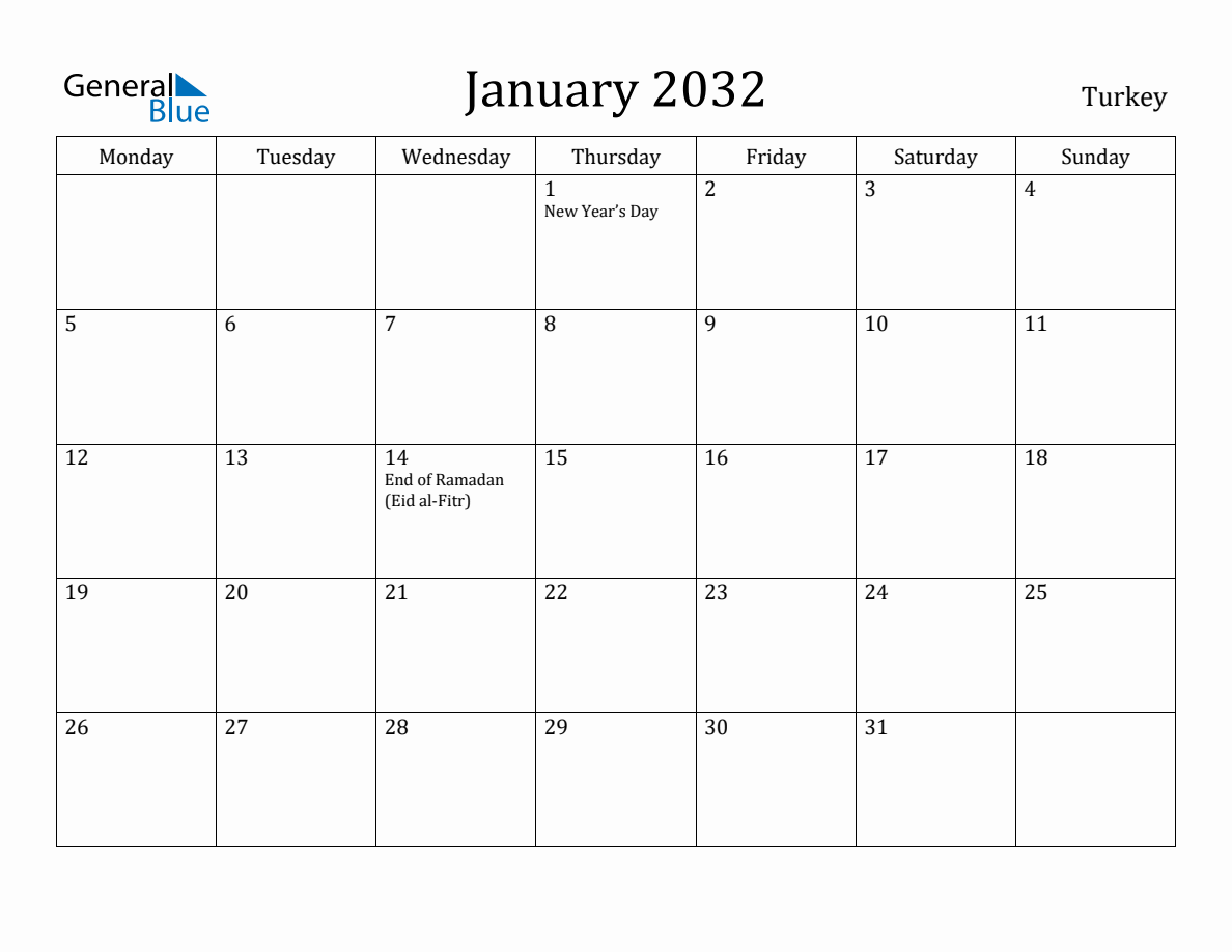 January 2032 - Turkey Monthly Calendar with Holidays