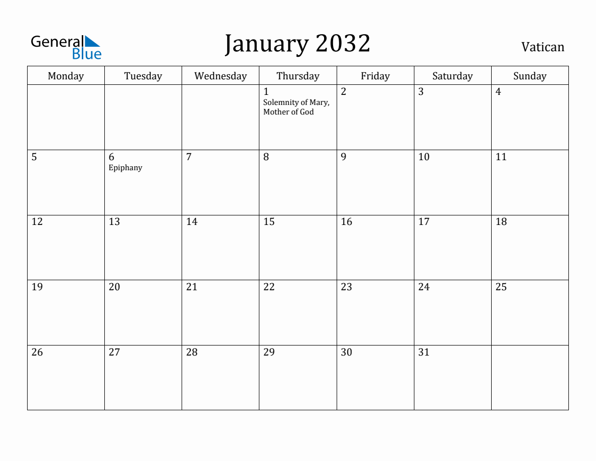 January 2032 - Vatican Monthly Calendar with Holidays