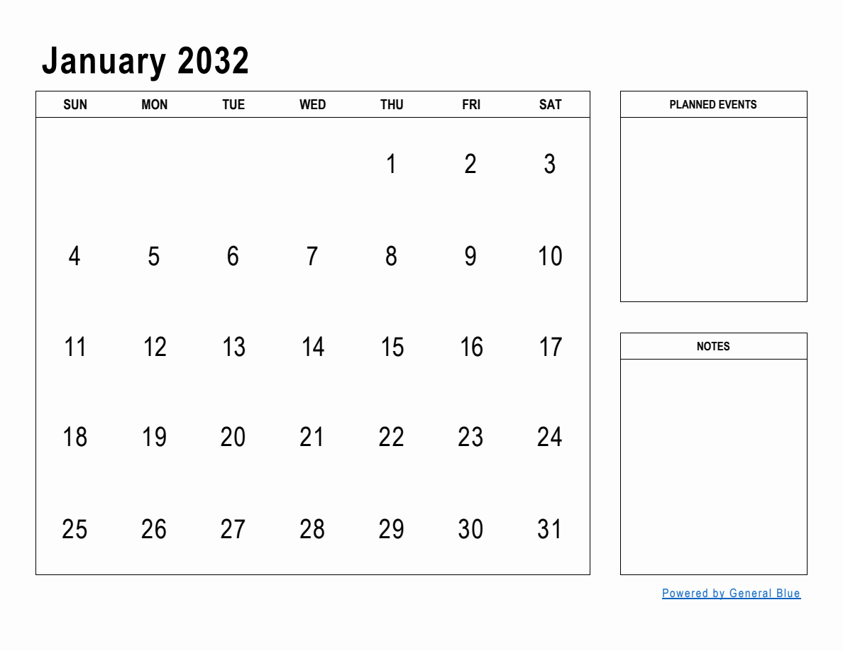 January 2032 Monthly Planner