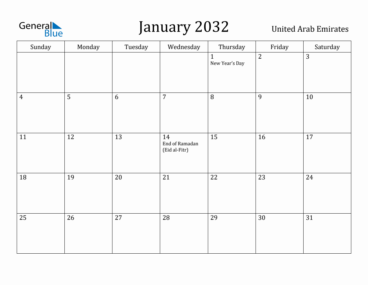 January 2032 Monthly Calendar with United Arab Emirates Holidays