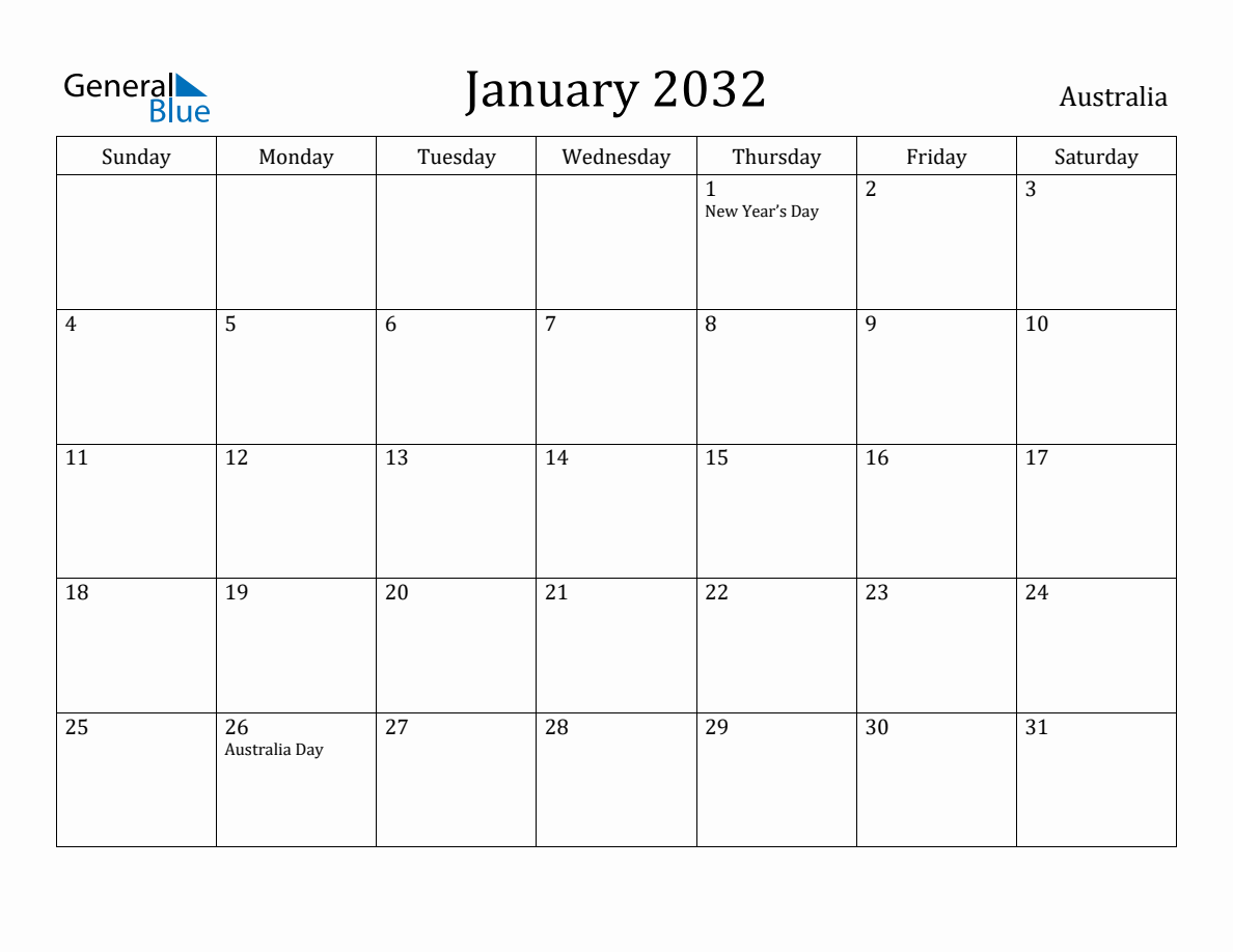 January 2032 Monthly Calendar with Australia Holidays