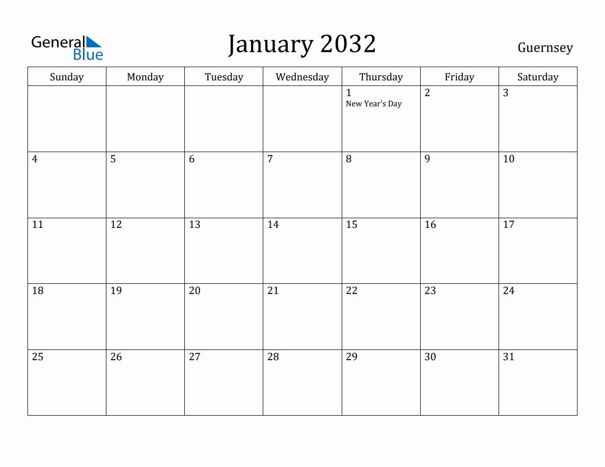 January 2032 Monthly Calendar with Guernsey Holidays