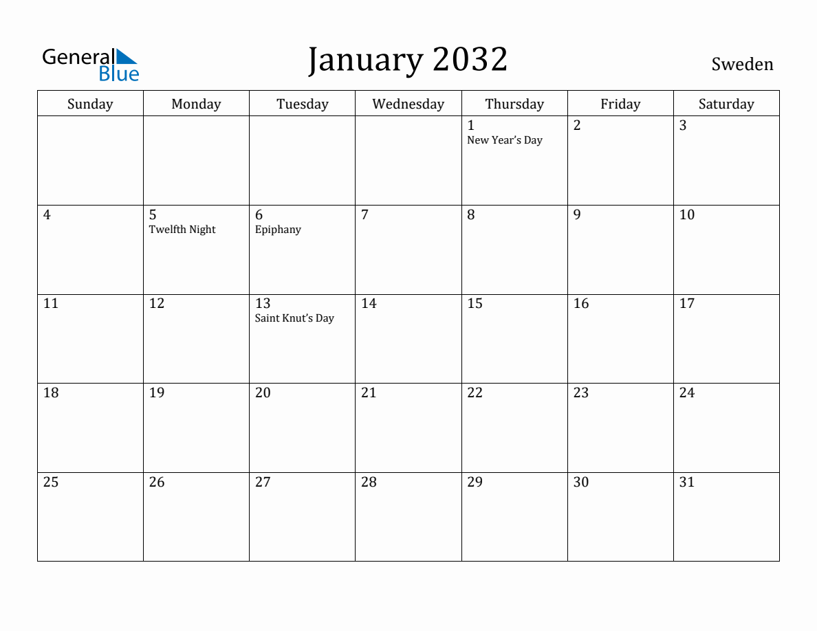 January 2032 Monthly Calendar with Sweden Holidays