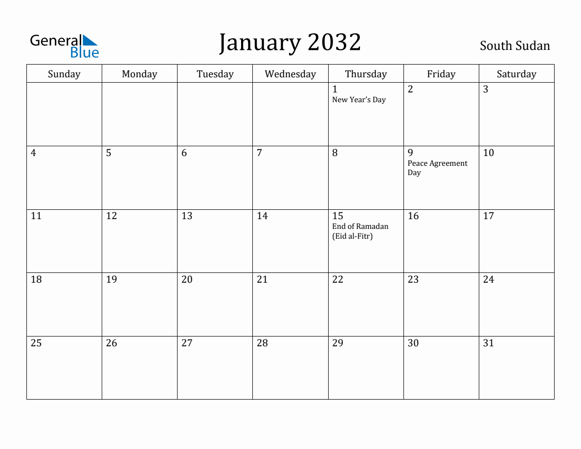 January 2032 Monthly Calendar with South Sudan Holidays