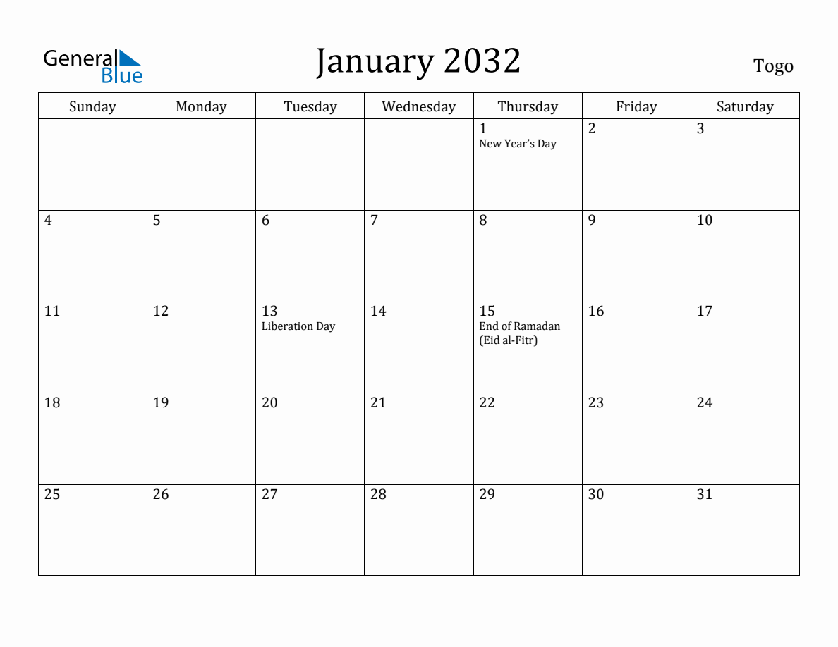 January 2032 Monthly Calendar with Togo Holidays