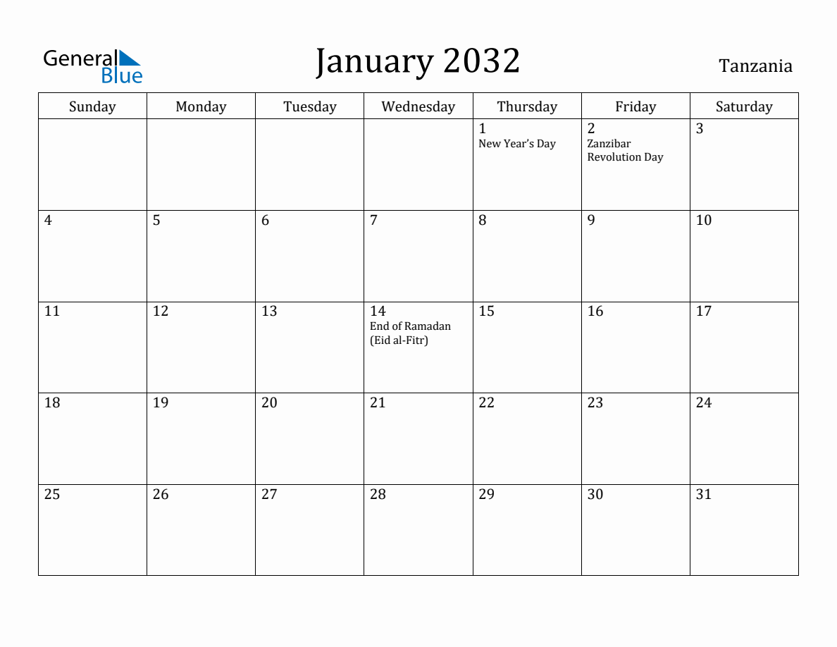 January 2032 Monthly Calendar with Tanzania Holidays