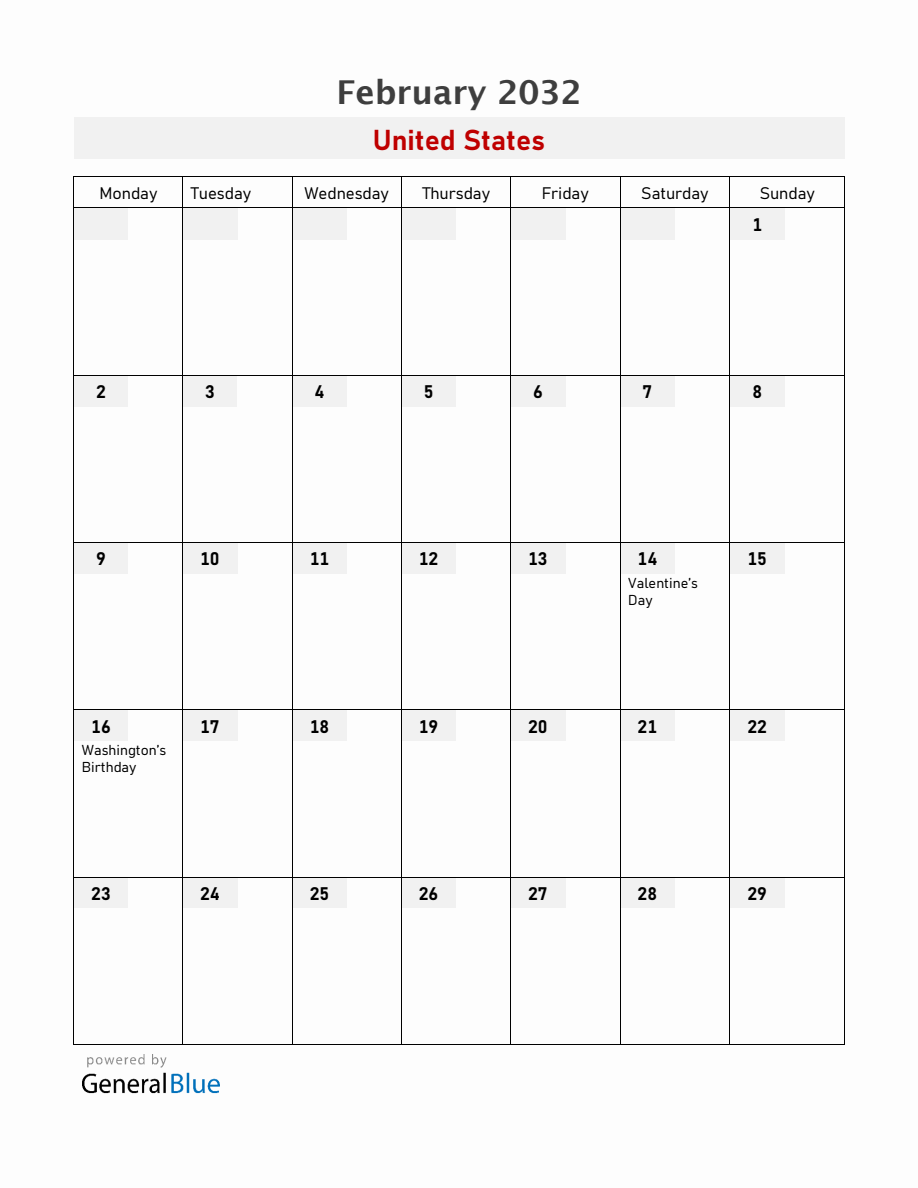 United States February 2032 Calendar with Holidays