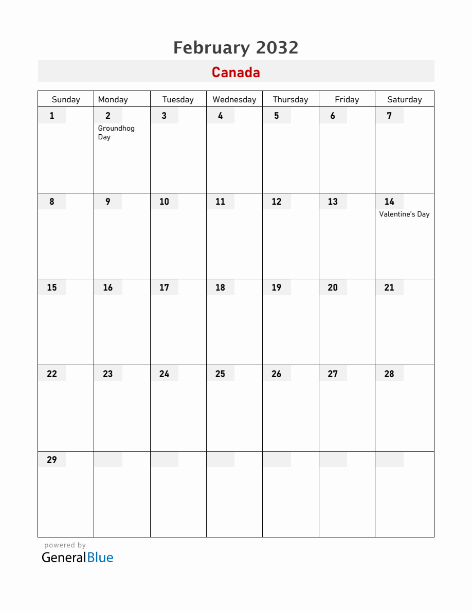 Canada February 2032 Calendar with Holidays