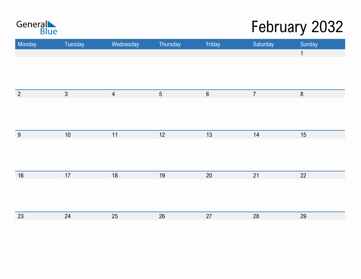 Editable Calendar Template for February 2032 - Monday Start