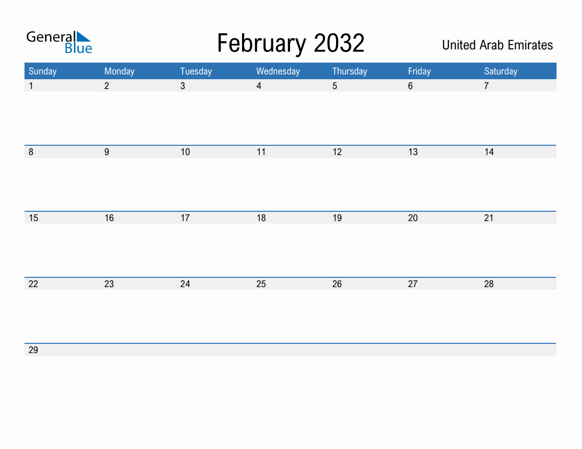 February 2032 Monthly Calendars with United Arab Emirates Holidays