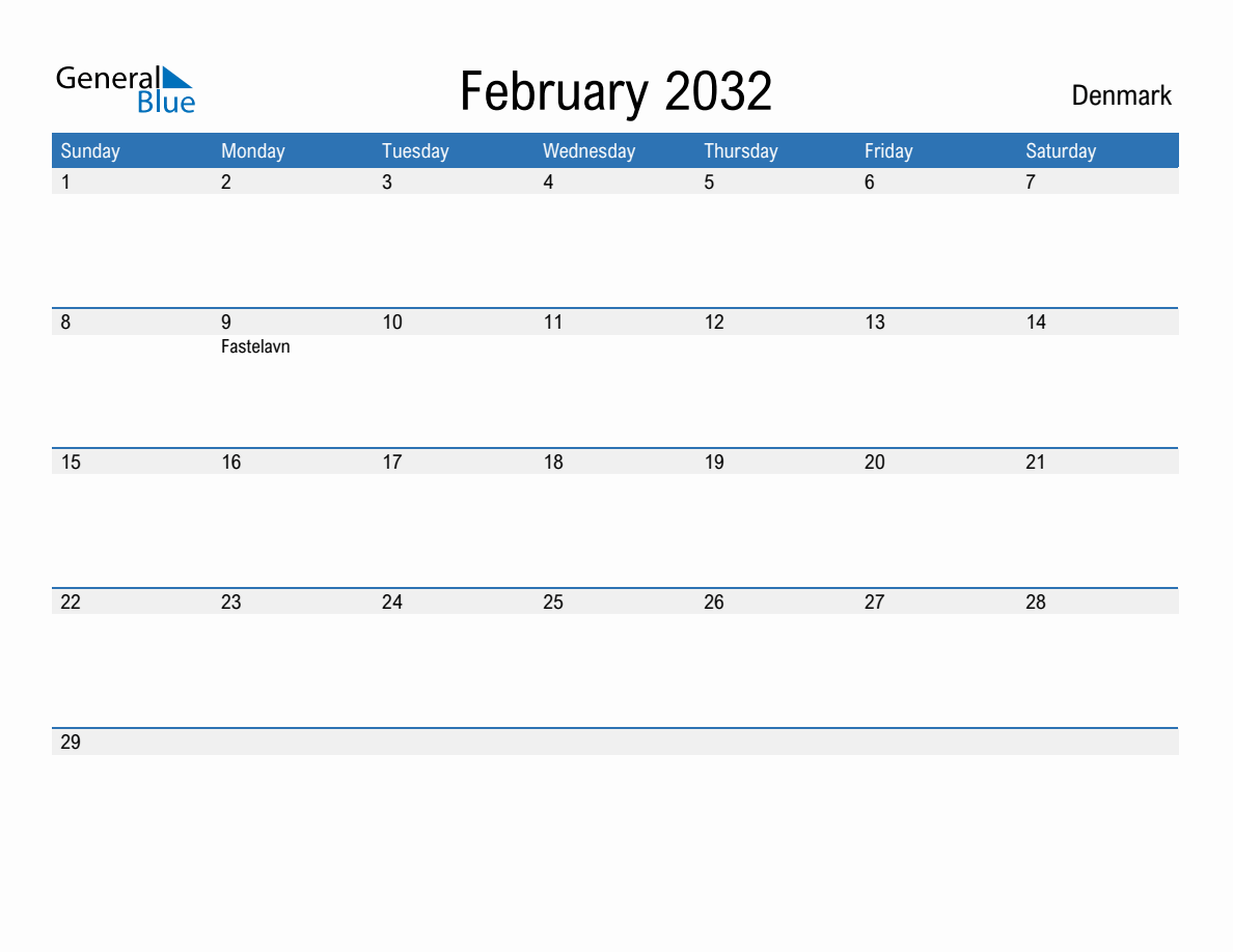 February 2032 Monthly Calendar with Denmark Holidays