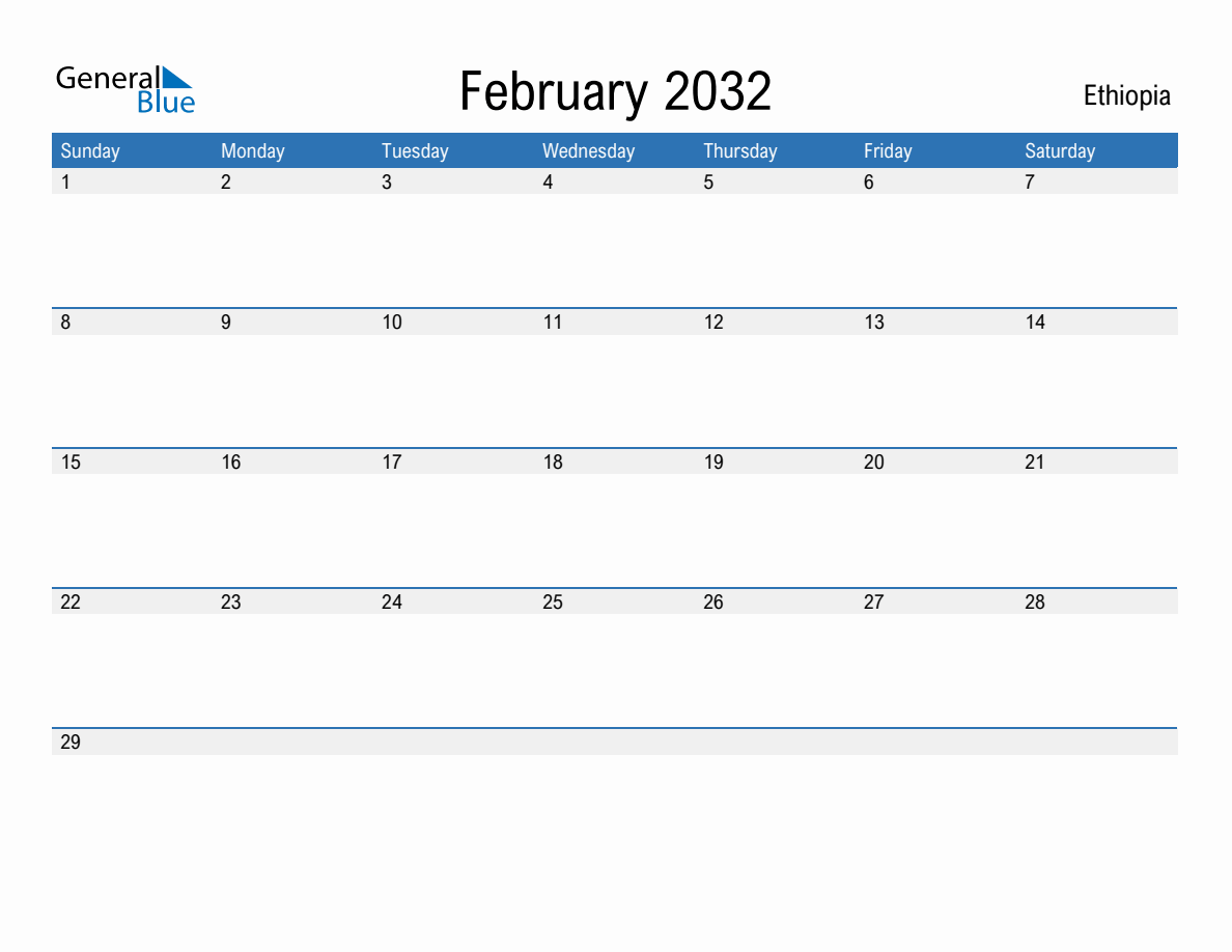 February 2032 Monthly Calendars with Ethiopia Holidays