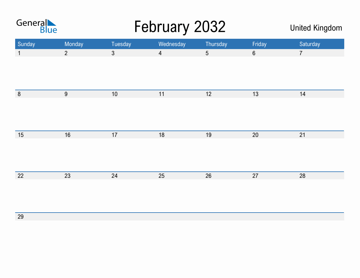 February 2032 Monthly Calendars with United Kingdom Holidays