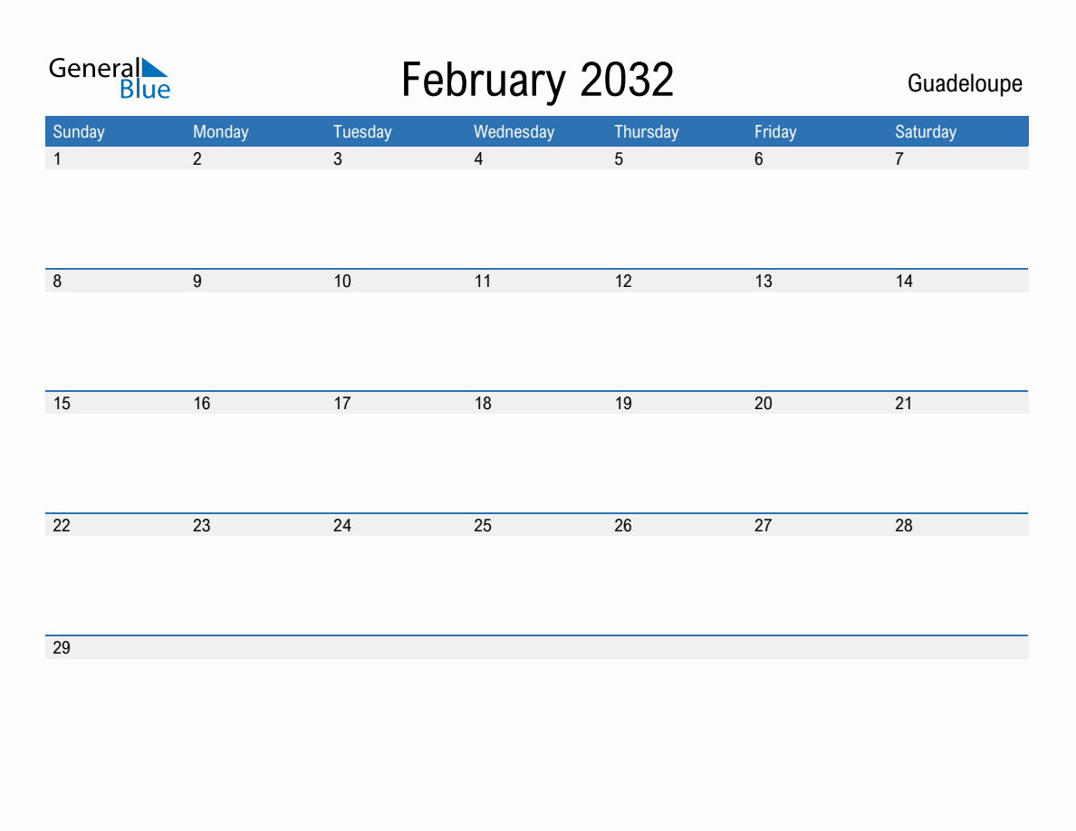 February 2032 Monthly Calendar with Guadeloupe Holidays