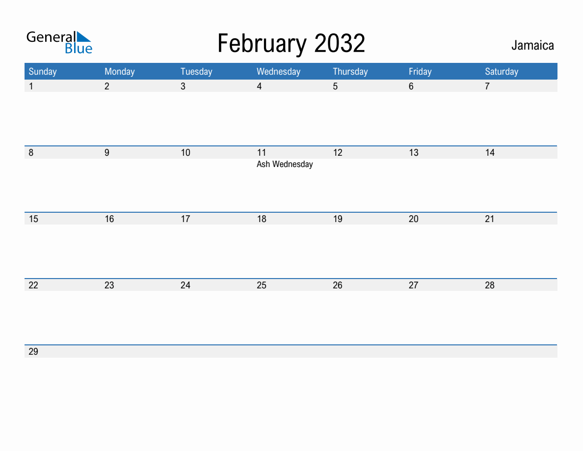 February 2032 Monthly Calendars with Jamaica Holidays