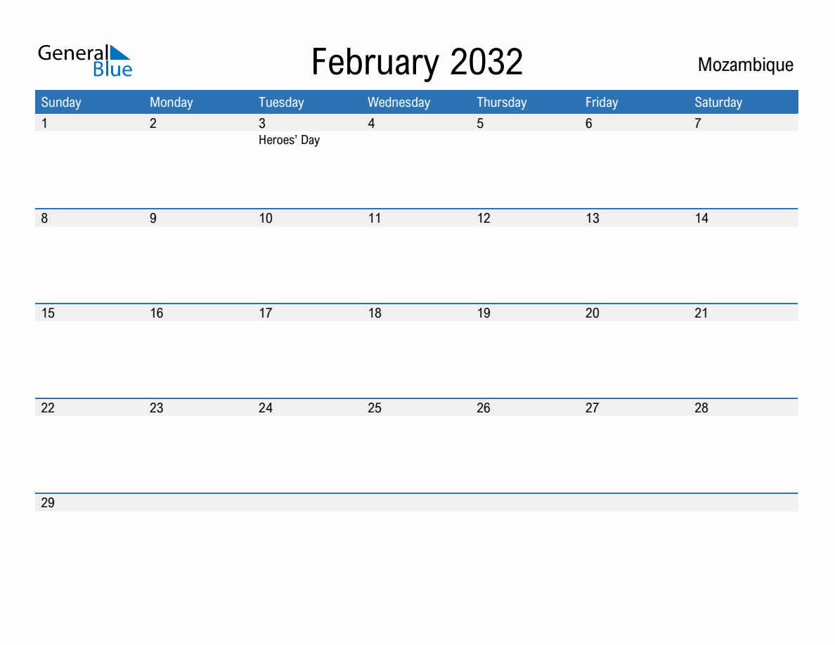 February 2032 Monthly Calendars with Mozambique Holidays