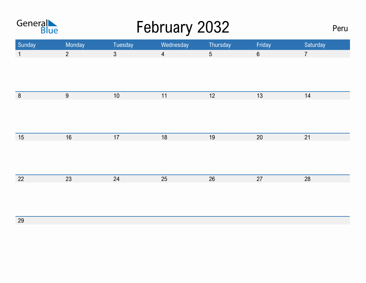 February 2032 Monthly Calendars with Peru Holidays