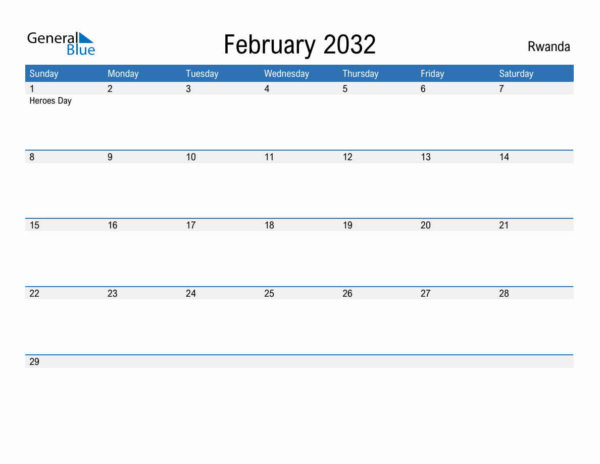 February 2032 Monthly Calendar with Rwanda Holidays