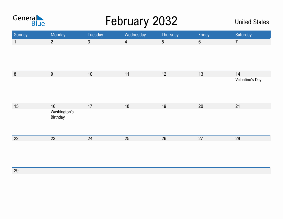 February 2032 Monthly Calendars with United States Holidays