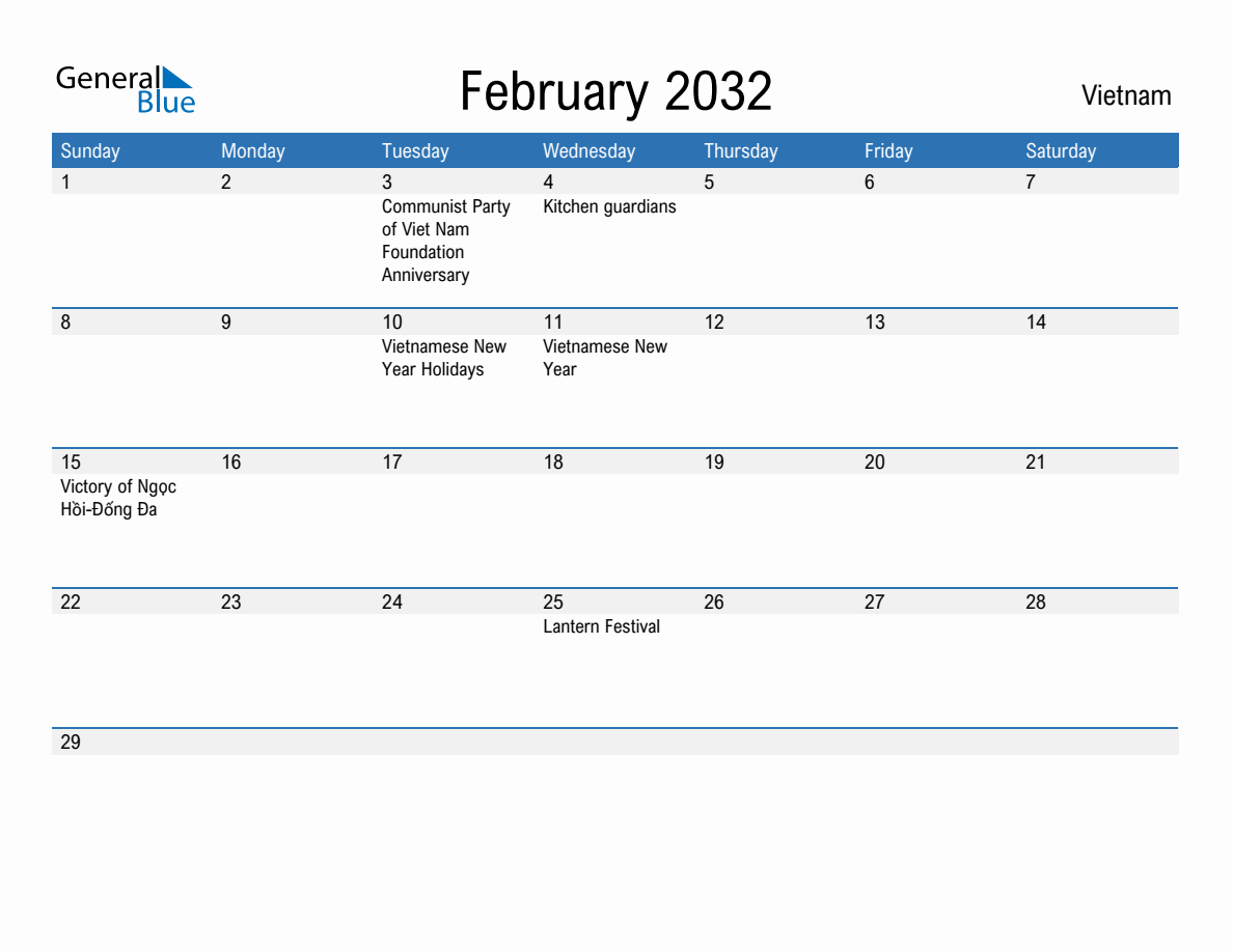 February 2032 Monthly Calendars with Vietnam Holidays