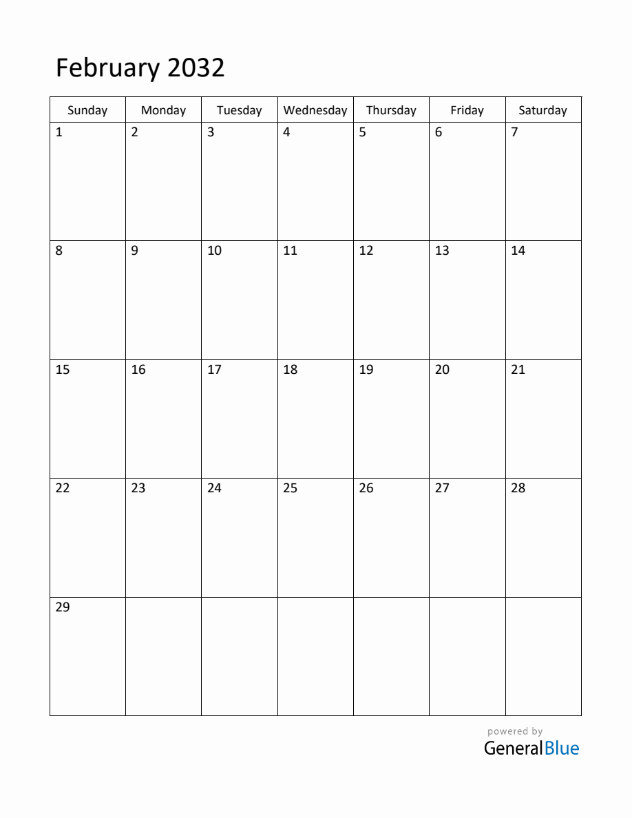 Editable February 2032 Monthly Calendar