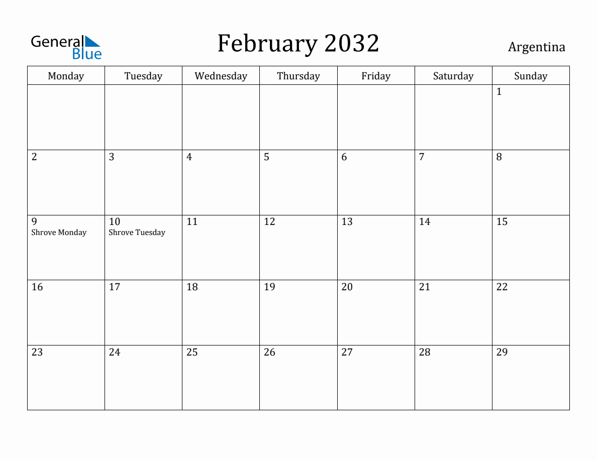 February 2032 Monthly Calendar with Argentina Holidays (Monday Start)