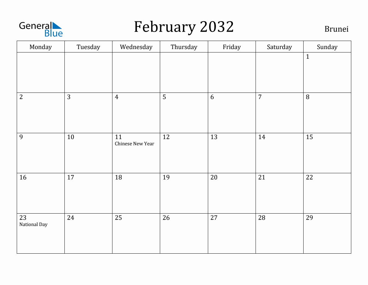 February 2032 - Brunei Monthly Calendar with Holidays