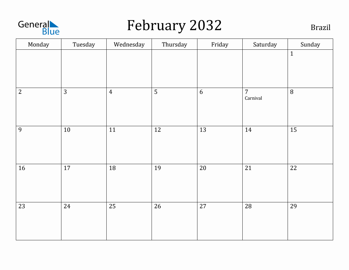 February 2032 - Brazil Monthly Calendar with Holidays