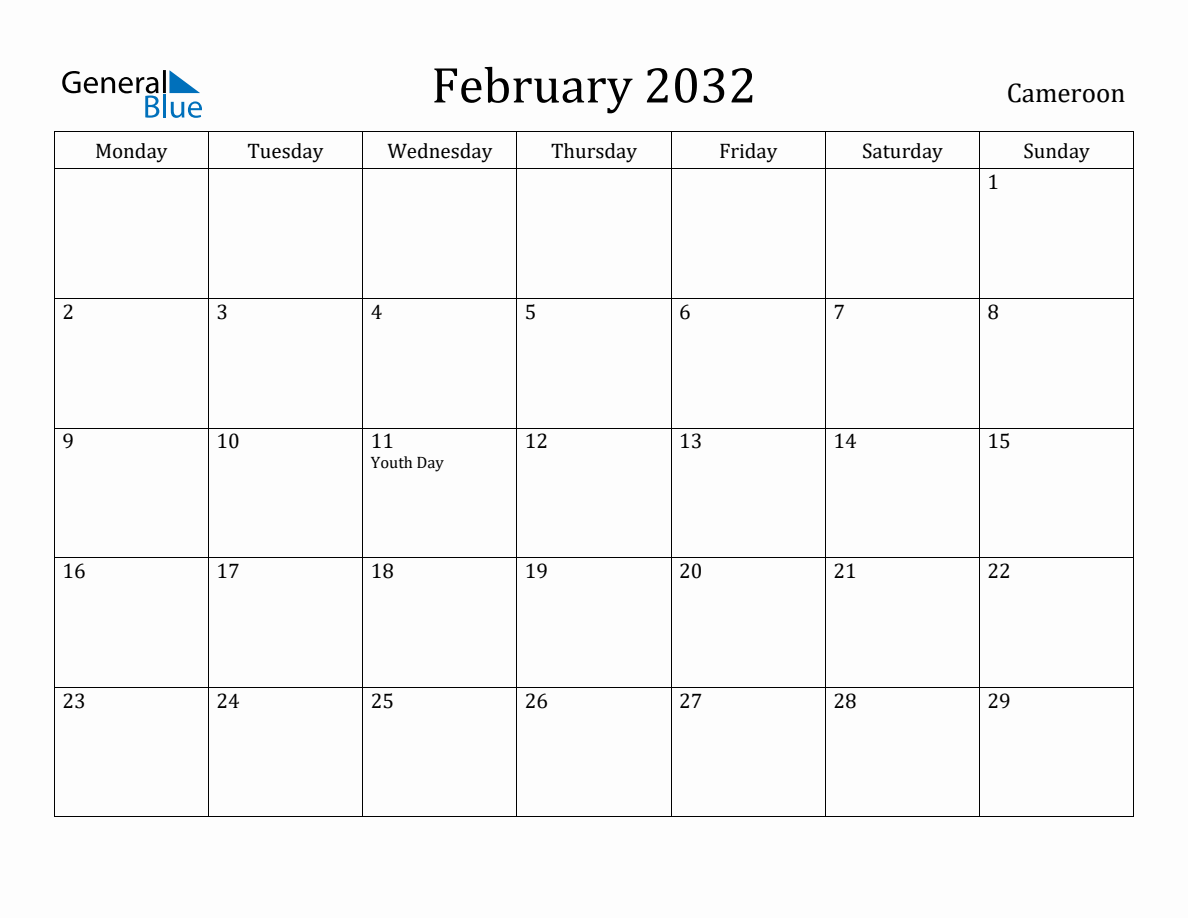 February 2032 - Cameroon Monthly Calendar with Holidays
