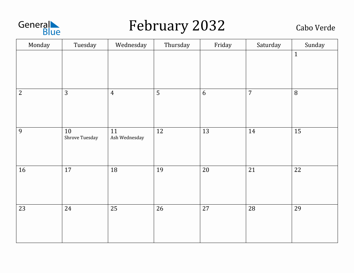 February 2032 - Cabo Verde Monthly Calendar with Holidays