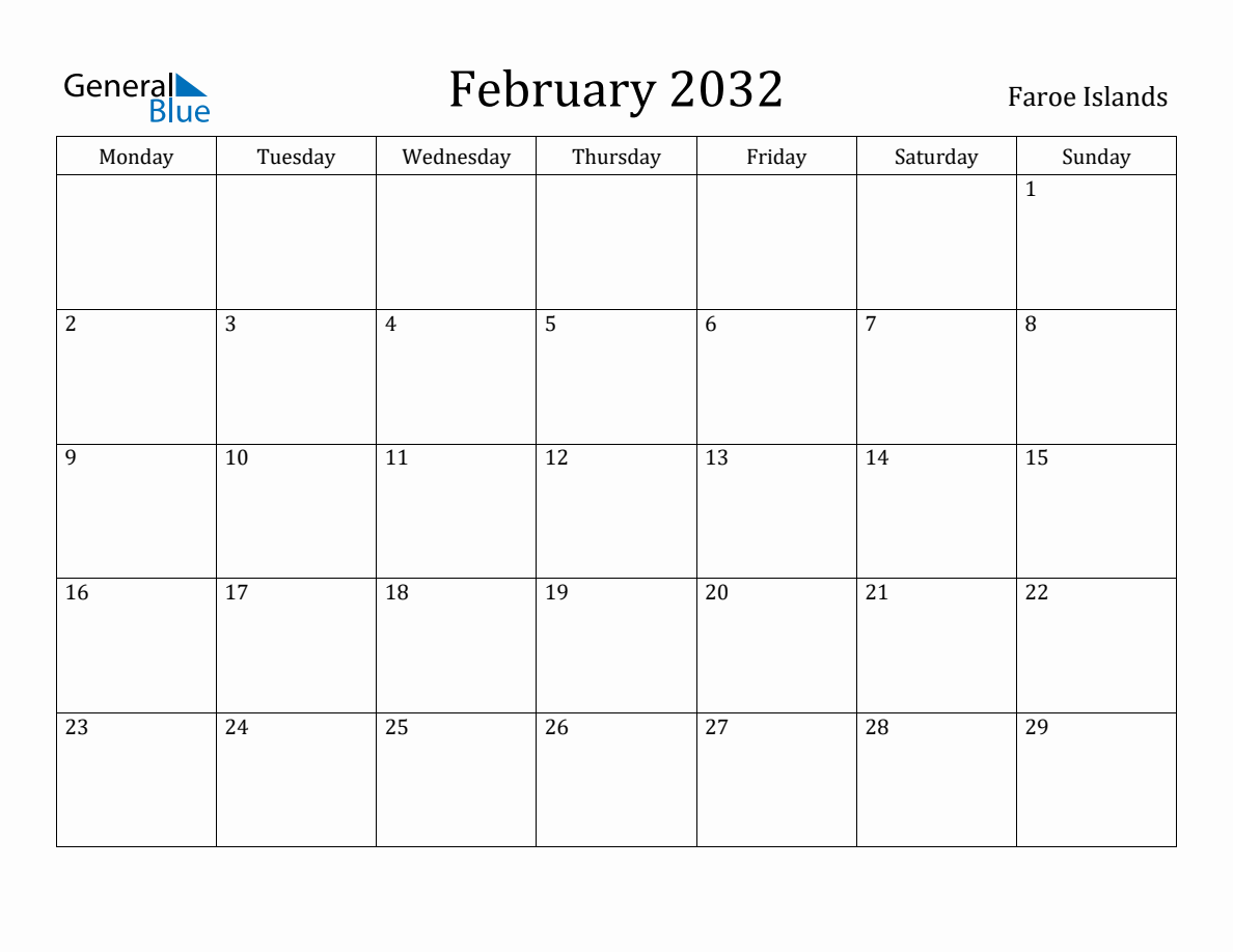 February 2032 - Faroe Islands Monthly Calendar with Holidays
