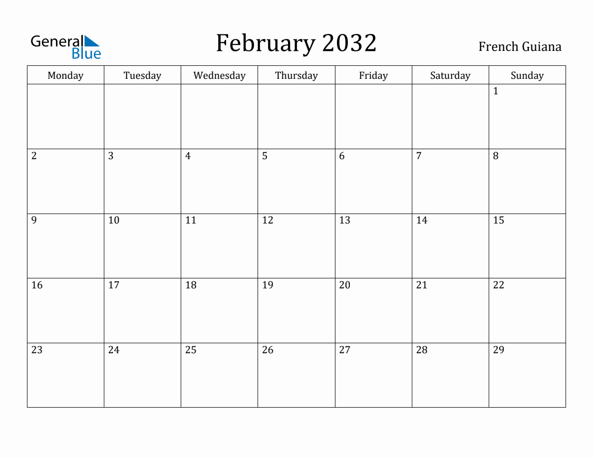 French Guiana Monthly Calendar - February 2032 (Monday Start)