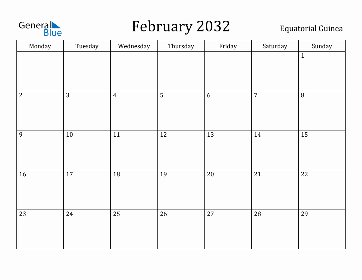 Equatorial Guinea Monthly Calendar - February 2032 (Monday Start)
