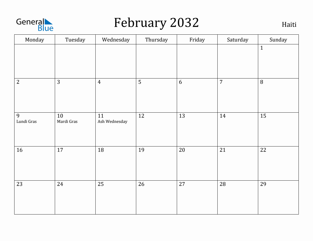 February 2032 - Haiti Monthly Calendar with Holidays