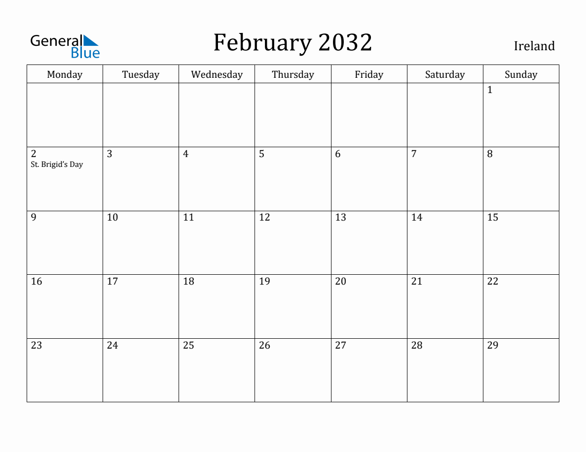 Ireland Monthly Calendar - February 2032 (Monday Start)