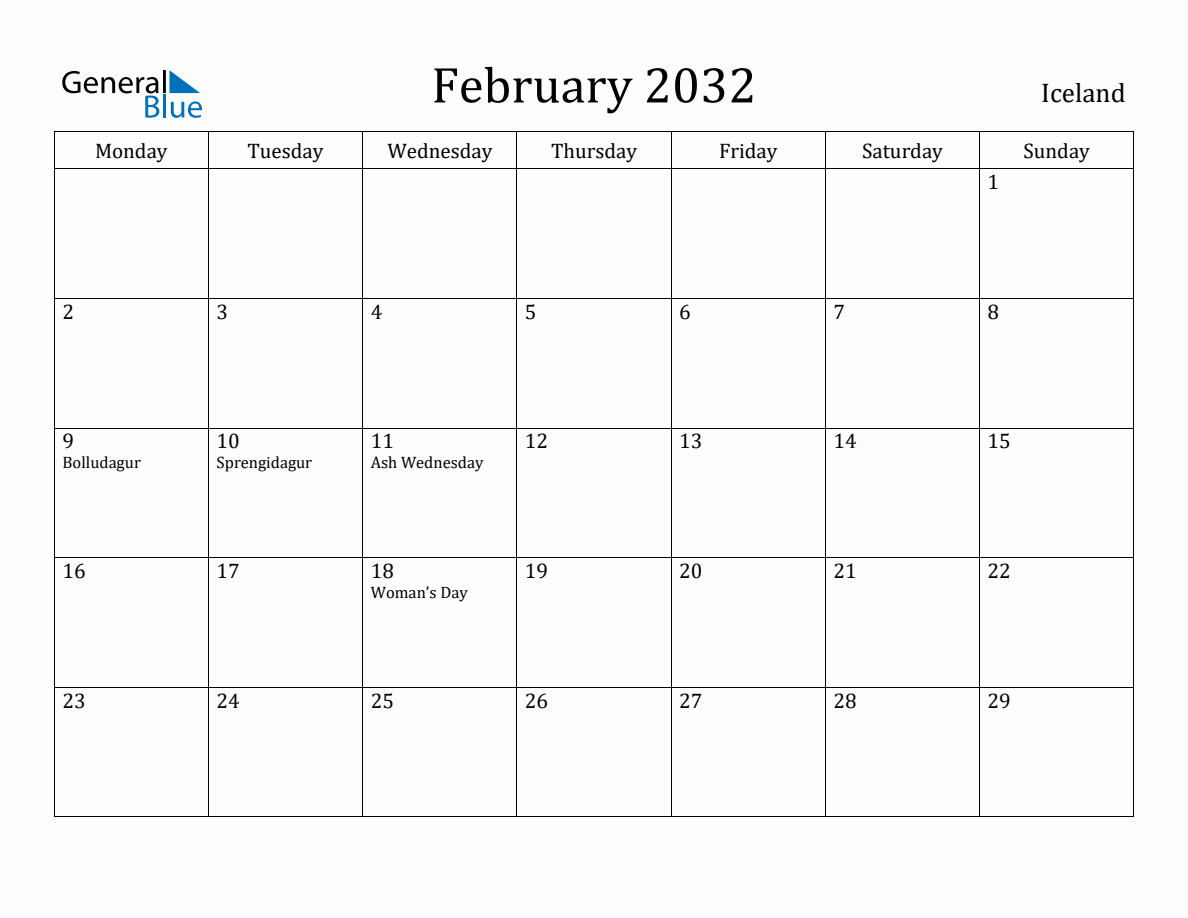 February 2032 Monthly Calendar with Iceland Holidays (Monday Start)