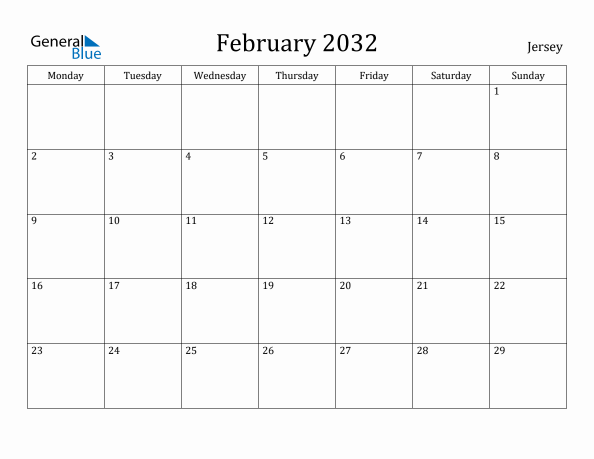 Jersey Monthly Calendar - February 2032 (Monday Start)
