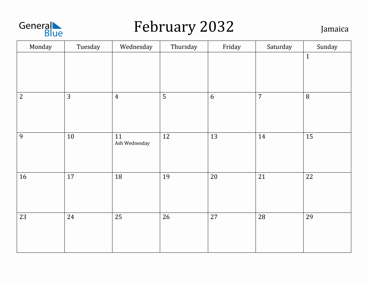 Jamaica Monthly Calendar - February 2032 (Monday Start)