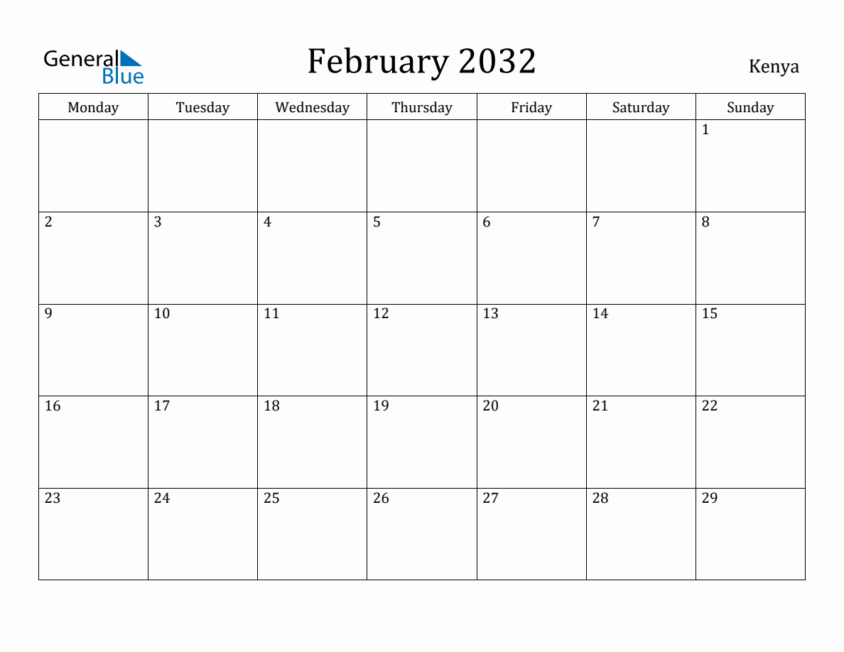 February 2032 - Kenya Monthly Calendar with Holidays