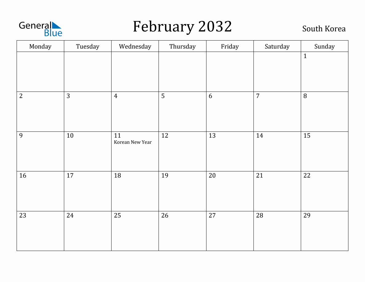 February 2032 - South Korea Monthly Calendar with Holidays