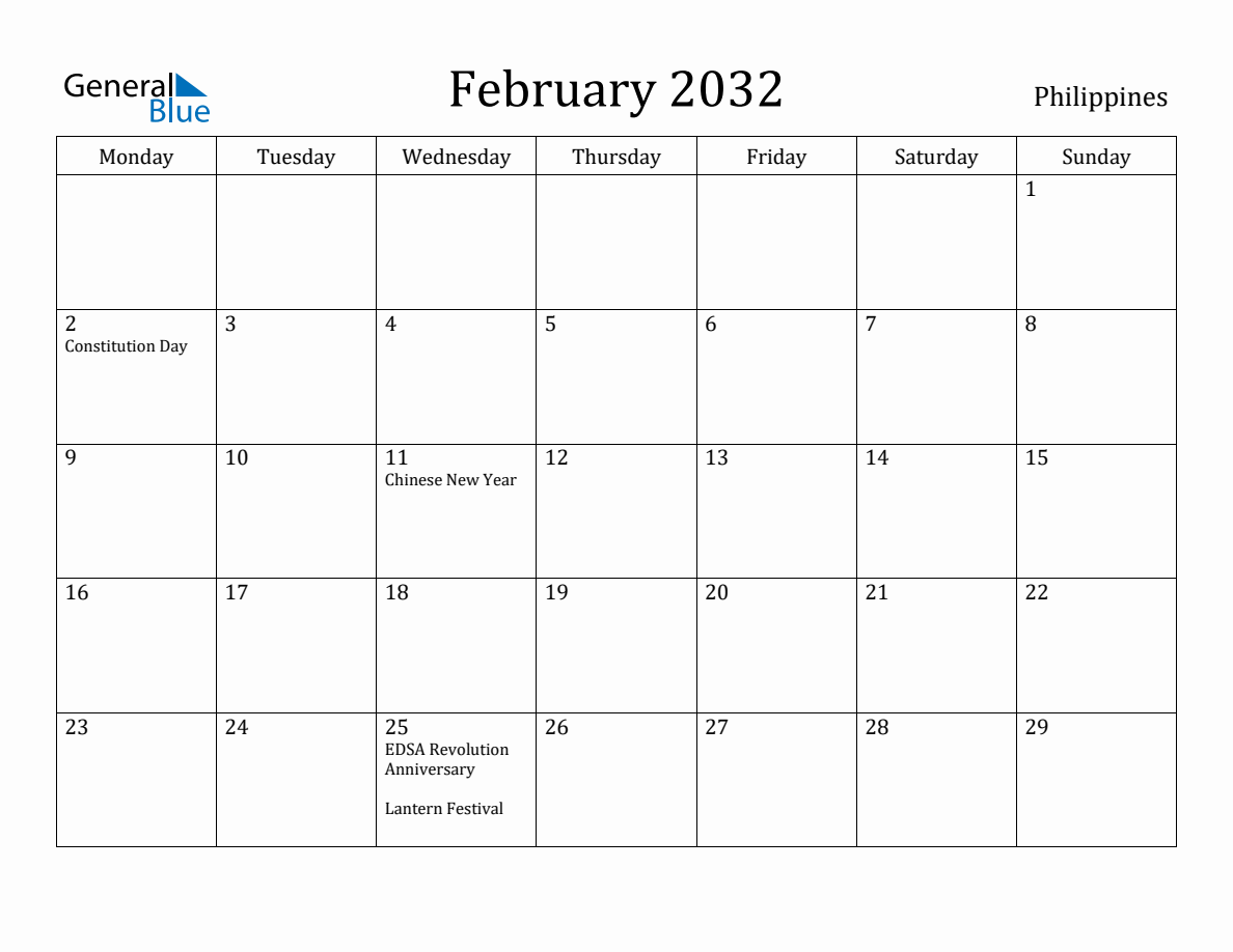 Philippines Monthly Calendar - February 2032 (Monday Start)